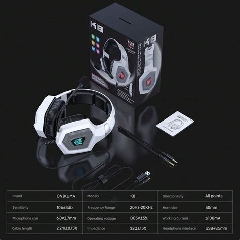 אוזניות גיימינג Onikuma K8 עם מיקרופון Hd גמיש Rgb Light Surround Sound Over Ear אוזניות חוטיות