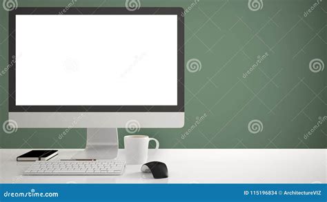 Desktop Mockup Template Computer On Blue Work Desk With Blank Screen Keyboard Mouse And