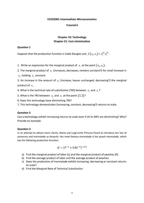 Tutorial ECOS Intermediate Microeconomics Tutorial Chapter Technology Chapter