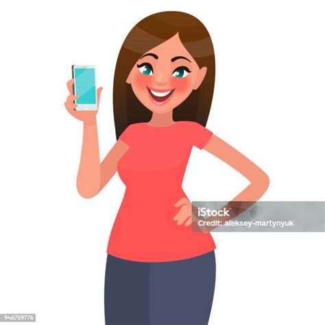 아름 다운 여자는 스마트폰을 들고 있다 벡터 만화 스타일의 일러스트 레이 션 여자에 대한 스톡 벡터 아트 및 기타 이미지 여자 한 명의 여자만 스마트폰 Istock