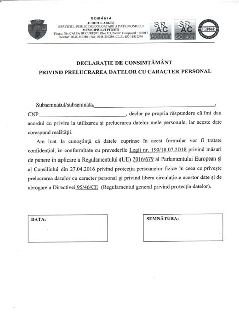 declaratie de consimtamant pt prelucrarea datelor cu caracter personal
