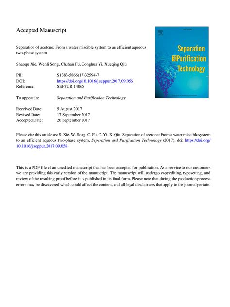 Solution Separation Of Acetone From A Water Miscible System To An