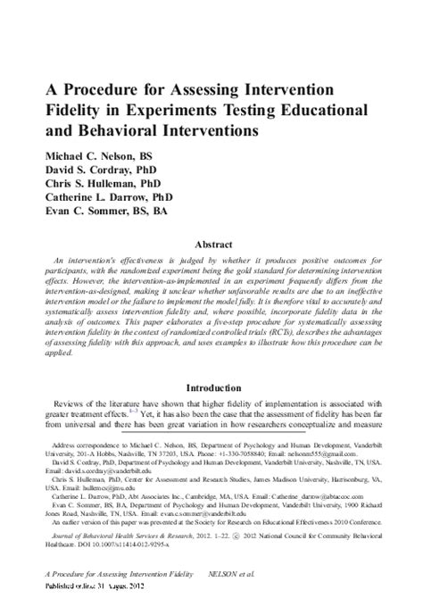 pdf a procedure for assessing intervention fidelity in experiments
