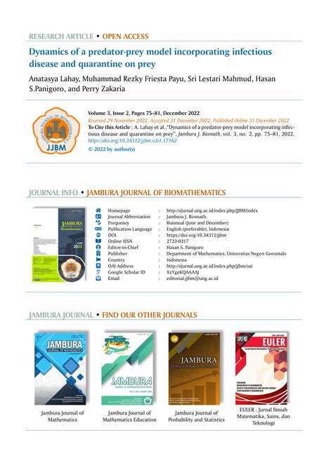 Pdf Dynamics Of A Predator Prey Model Incorporating Infectious Disease And Quarantine On Prey