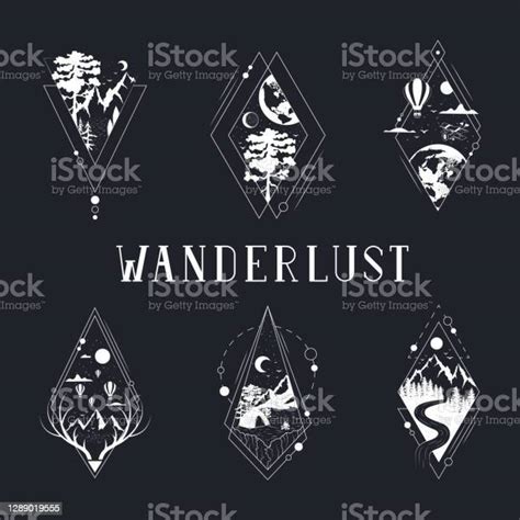 포스터와 문신에 대한 손으로 그린 기하학적 프레임 세트 숲 나무 산 지구 달과 별방 배지와 라벨 벡터 고립 된 모험과 여행 인쇄