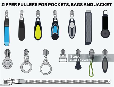 지퍼 풀러 플랫 스케치 벡터 일러스트레이션 세트 패스너 드레스 의류 가방 패션 일러스트레이션 의류 및 액세서리에 대한 다양한 유형의 3d 지퍼 풀 벡터에 대한 스톡 벡터