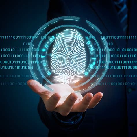 Hand Extends With Digital Holographic Fingerprint Surrounded By Binary