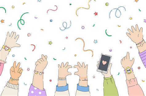 사람들과 색종이의 군중과 축하 배너 손을 들어 올리는 제스처는 사랑 우정 및 행복을 표현합니다 휴일 축하 또는 기념일 카드를위한