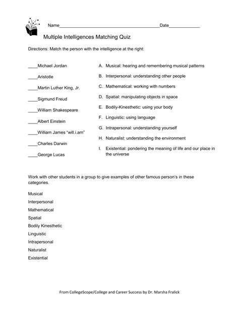 Multiple Intelligences Quiz Match The Famous Person