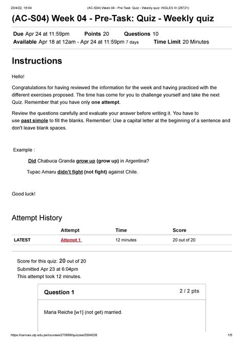 AC S Week Pre Task Quiz Weekly Quiz Ingles III AC S Week Pre Task Quiz