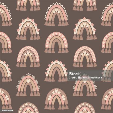 순진한 어린이 스타일의 보헤미안 무지개 패턴 따뜻한 파스텔 색상의 무지개와 매끄러운 패턴 직물 직물 디자인 벽지 포장지 및 기타 인쇄를 위한 그림 0명에 대한 스톡 벡터