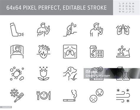 천식 선 아이콘 벡터 일러스트는 아이콘을 포함 흡입기 기침 꽃가루 먼지 폐 독감 엑스레이 빈맥 알레르겐에 대한 호흡 윤곽 그림 64x64 픽셀 완벽 편집 가능한 스트로크