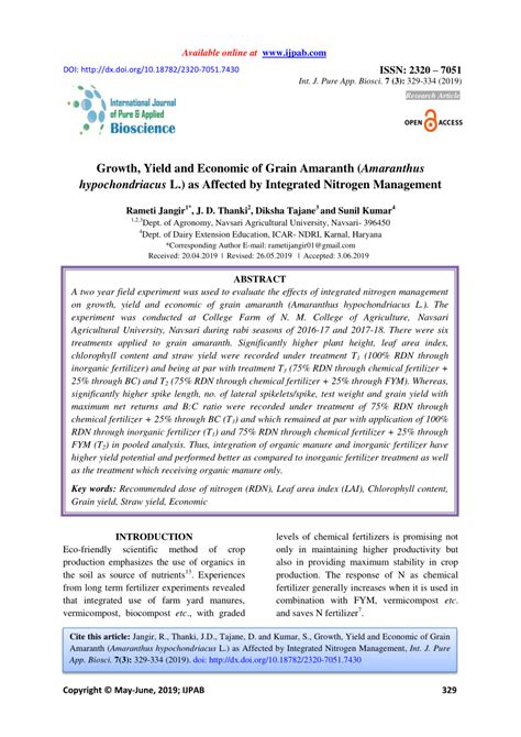 Pdf Growth Yield And Economic Of Grain Amaranth Amaranthus Hypochondriacus L As Affected