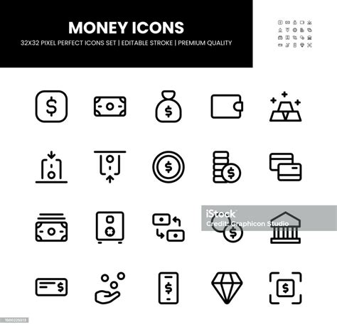 32 X 32 픽셀로 설정된 돈 아이콘은 편집 가능한 스트로크로 완벽합니다 가방에 대한 스톡 벡터 아트 및 기타 이미지 가방 금 금속 금색 Istock