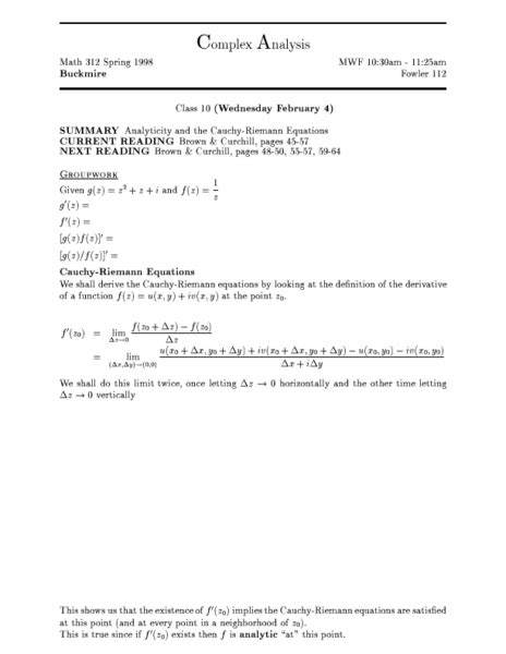 Complex Analysis Analyticity And The Cauchy Riemann Equation Worksheet For Higher Ed Lesson