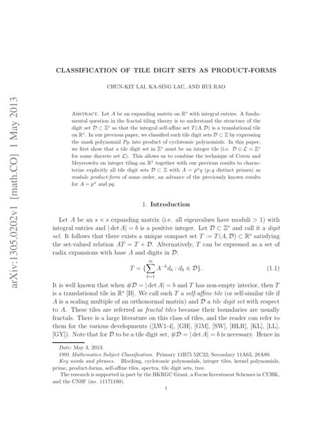 Pdf Classification Of Tile Digit Sets As Product Forms