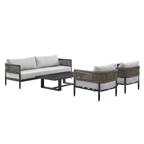 4 Piece Outdoor Black Aluminum And Rope Conversation Set With Light Gray
