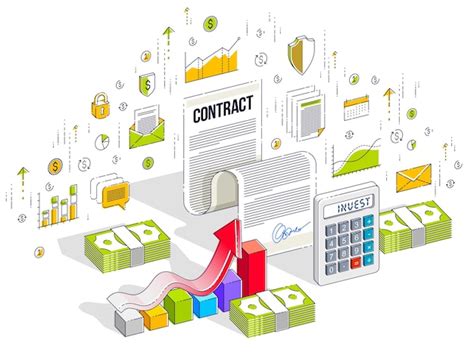 금융 계약 개념 종이 법률 문서 및 현금 돈 스택 흰색 배경에 고립 아이콘 통계 차트 및 디자인 요소가 있는 벡터 3d 아이소메트릭 비즈니스 그림 프리미엄 벡터