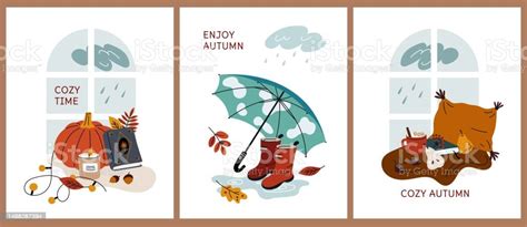 아늑한 가을 요소 귀여운 가을 액세서리와 물건 가을 포스터 오렌지 호박 식물 표본 상자를 남깁니다 우산과 고무 장화 창문 밖에 비가 내린다 화려한 벡터 시즌 카드 세트 10