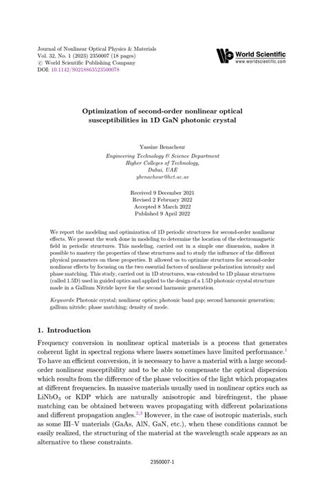 Pdf Optimization Of Second Order Nonlinear Optical Susceptibilities In 1d Gan Photonic Crystal