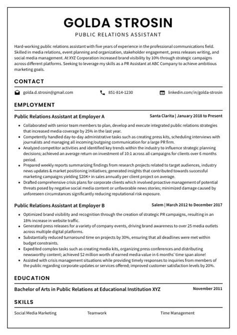 Public Relations Assistant Resume Cv Example And Writing Guide