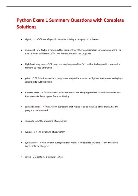 Python Exam 1 Summary Questions With Complete Solutions Programming