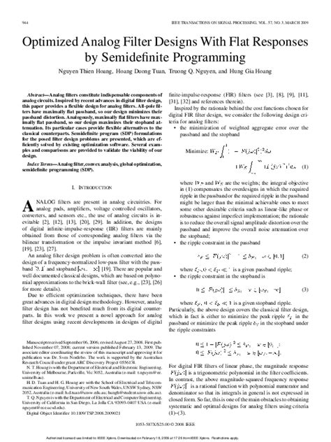 Pdf Optimized Analog Filter Designs With Flat Responses By Semidefinite Programming