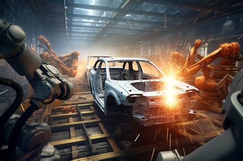 Automated Robotic Arms Line Welding Assembly Car Working At Futuristic Factory Industrial