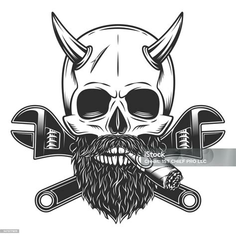 가스 및 빌더 배관 파이프 또는 차체 공장 정비사 스패너 수리 도구 빈티지 벡터 일러스트레이션을 위한 수염과 건설 렌치가 있는