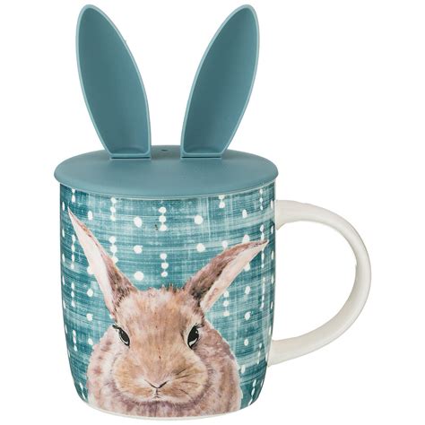 Кружка фарфоровая с силиконовой крышкой 380 мл синяя "Лесная сказка ...