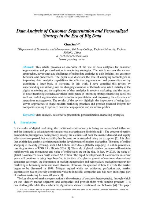 Pdf Data Analysis Of Customer Segmentation And Personalized Strategy
