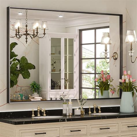 Keonjinn Black Vanity Mirror 48 X 36 Inch Large Rectangle Wall Mount Mirror Matte Black Modern