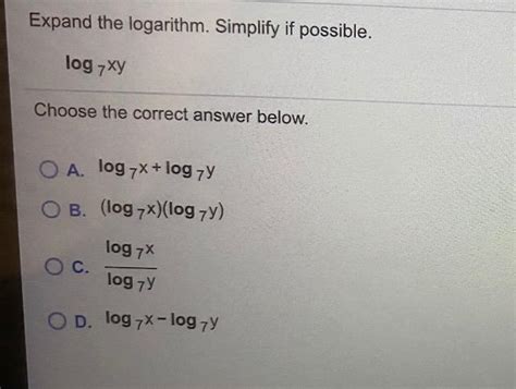 Solved Expand The Logarithm Simplify If Possible Log XY Chegg Com