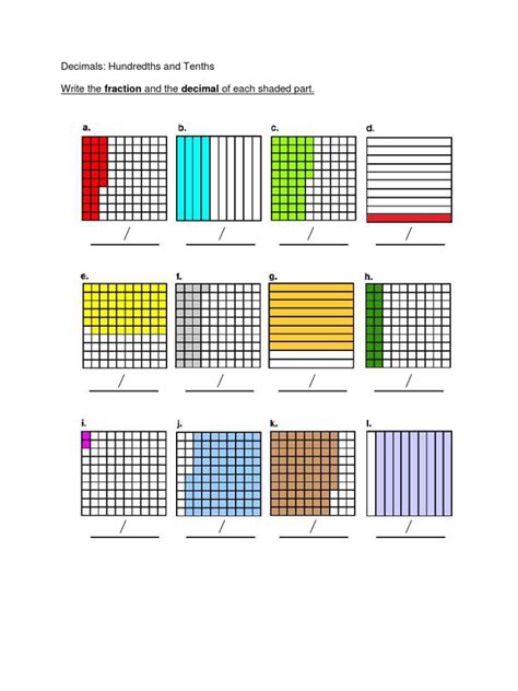 Decimals Hundredths And Tenths Write The Fraction And The Decimal Of