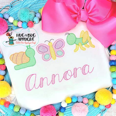 Snail Butterfly Grasshopper Trio Sketch Stitch Embroidery Design Hug