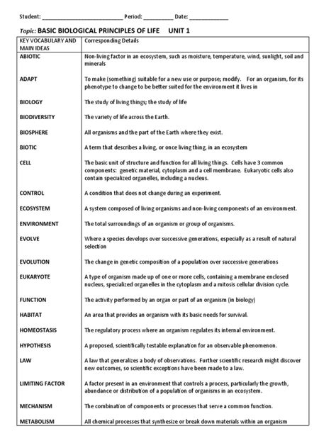 Unit 1 Basic Biological Principles Keytone Review Pdf Cell Biology Life