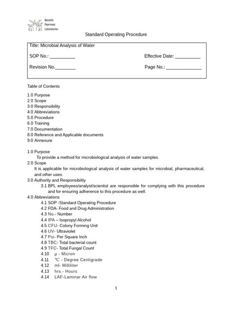 Sop Water Analysis Microbial Bpl Pdf Colony Forming Unit Sterilization Microbiology