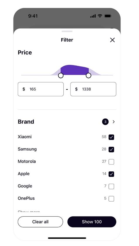 Mobile App Filter Design Price Ui Dashboard Filter Ui Checkbox Ui