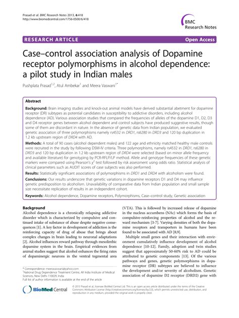 Pdf Case Control Association Analysis Of Dopamine Receptor Polymorphisms In Alcohol Dependence