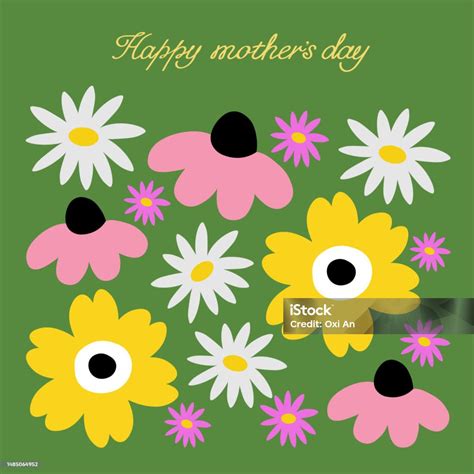 해피 어머니의 날 국제 공휴일을 축하합니다 녹색 배경에 꽃과 비문이 있는 손으로 그린 들판 만화 그림입니다 엽서 배너 인쇄 제품용 0명에 대한 스톡 벡터 아트 및 기타