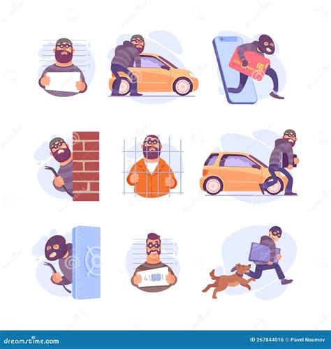Man Criminal In Mask Committing Crime Engaged In Theft Vector Set Stock