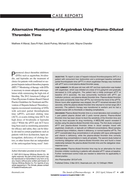 Pdf Alternative Monitoring Of Argatroban Using Plasma Diluted Thrombin Time April