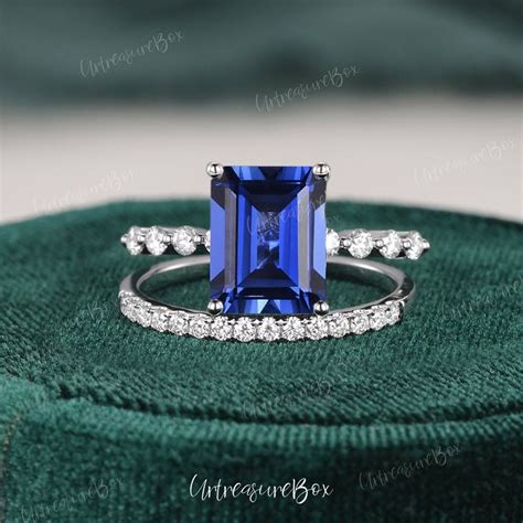 3ct Emerald Cut Sapphire Engagement Ring Set White Gold Sapphire Bridal Set Women Art Deco