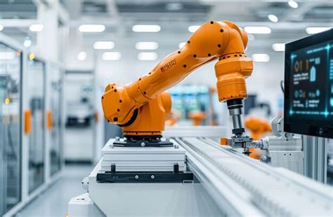 Orange Robotic Arm Operating In A Modern Industrial Setting Premium Ai Generated Image
