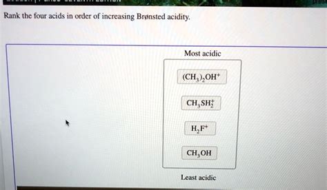 Rank the four acids in order of increasing Bronsted acidity: Most acidic (CH3)OH CH3SH HF CH3OH ...