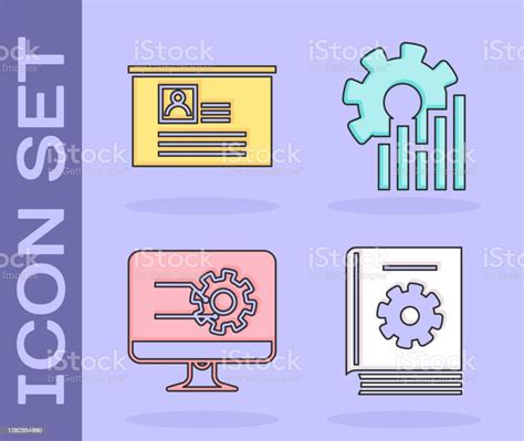 사용자 설명서 이력서가 있는 보드 그래프 차트 및 원형 차트 인포그래픽 아이콘이 있는 컴퓨터 모니터를 설정합니다 벡터 개념에 대한 스톡 벡터 아트 및 기타 이미지 Istock