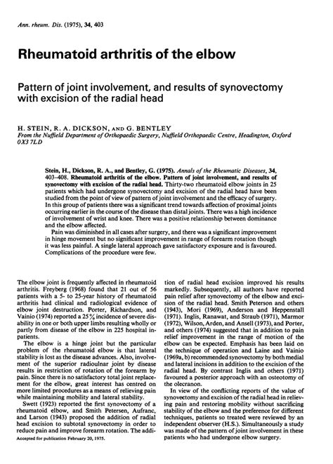 Rheumatoid Arthritis Of The Elbow Pattern Of Joint Involvement And