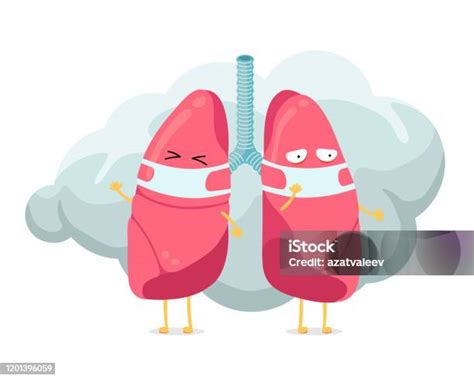 Cartoon Lungs Character With Breathing Hygiene Mask On Face And Smoke