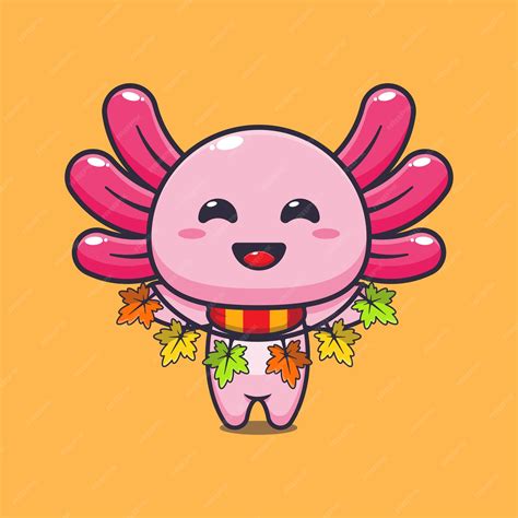 가 잎 장식 만화 벡터 일러스트와 함께 귀여운 Axolotl 프리미엄 벡터