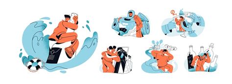 알코올 중독 알코올 중독의 개념 사람들은 술 세트를 남용합니다 술에 취한 인물 질병을 앓고 있는 알코올 중독자 문제 영혼에 대한 의존성 흰색 배경에 평면 고립 된 벡터